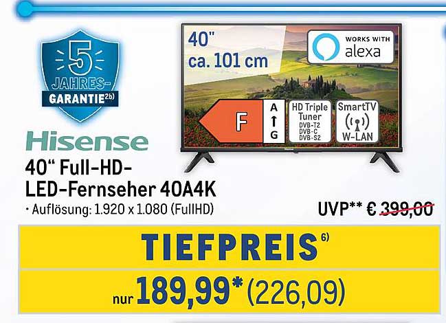 Hisense 40" Full-Hd-Led-Fernseher 40A4K Angebot bei METRO