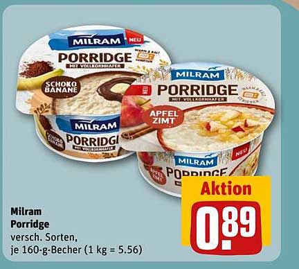 Milram Porridge, Verschiedene Sorten (Schoko-Banane, Apfel-Zimt ...