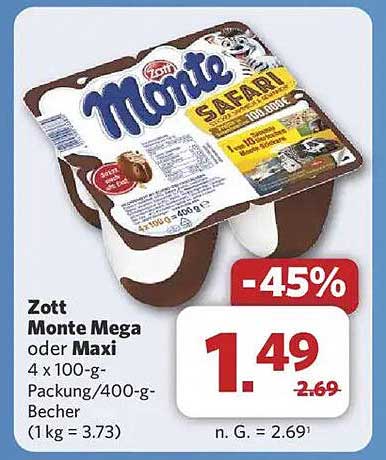 Zott Monte Mega Oder Maxi 4 X 100-G-Packung/400-G-Becher Angebot bei Combi