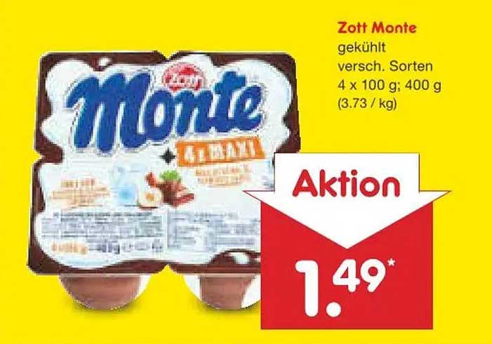 Zott Monte Gekühlt Versch. Sorten 4 X 100 G; 400 G (3.73 / Kg) Angebot ...