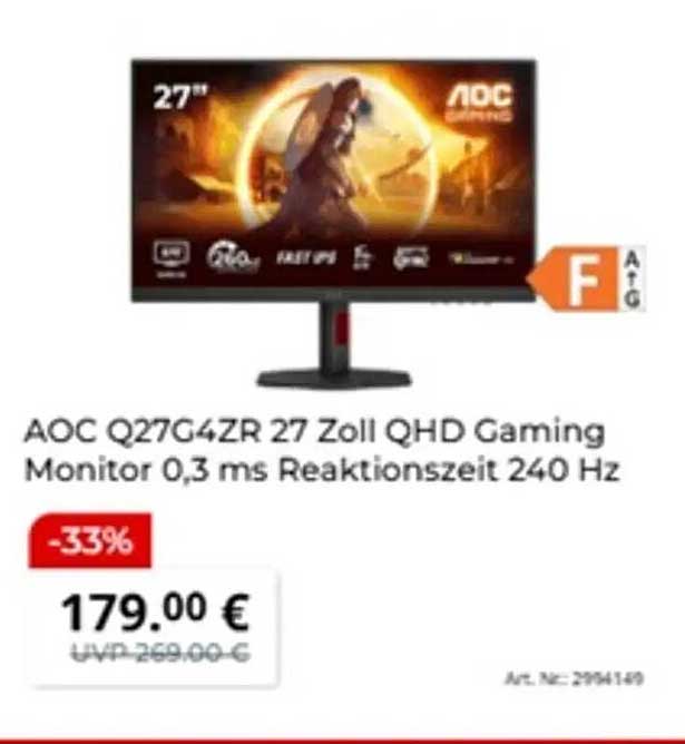 Aoc Q27G4Zr 27 Zoll Qhd Gaming Monitor 0,3 Ms Reaktionszeit 240 Hz ...