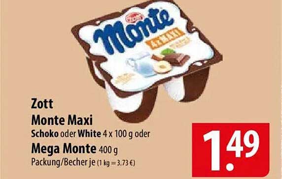 Zott Monte Maxi Schoko Oder White 4 X 100 G Oder Mega Monte 400 G ...