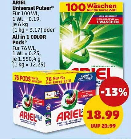 Ariel Universal Pulver Ariel All In 1 Color Pods Angebot bei Penny