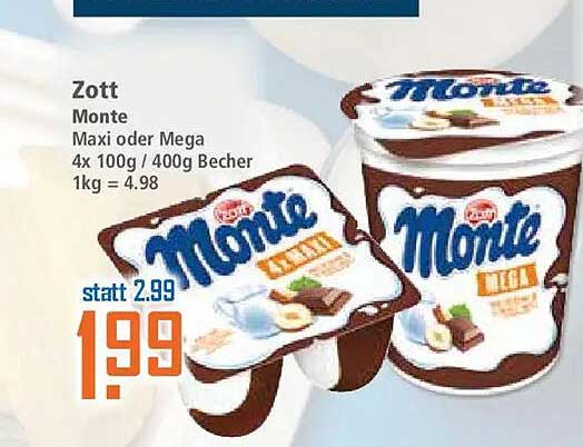 Zott Monte Maxi Oder Mega 4X 100G / 400G Becher Angebot bei K+K Klaas ...