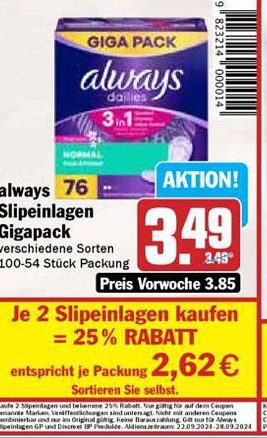Always Slipeinlagen Gigapack Angebot bei Hit