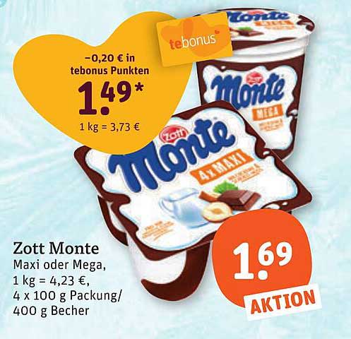 Zott Monte Maxi Oder Mega, 4 X 100 G Packung/ 400 G Becher Angebot bei ...