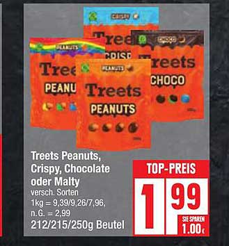 Treets Peanuts, Crispy, Chocolate Oder Malty Angebot bei Edeka