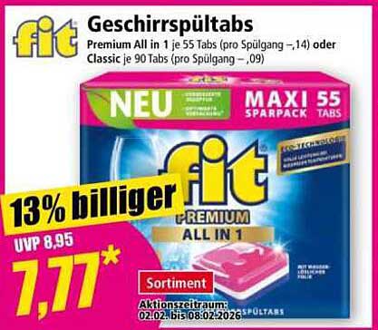 Fit Geschirrspültabs Premium All In 1 Je 55 Tabs (Pro Spülgang -14 ...