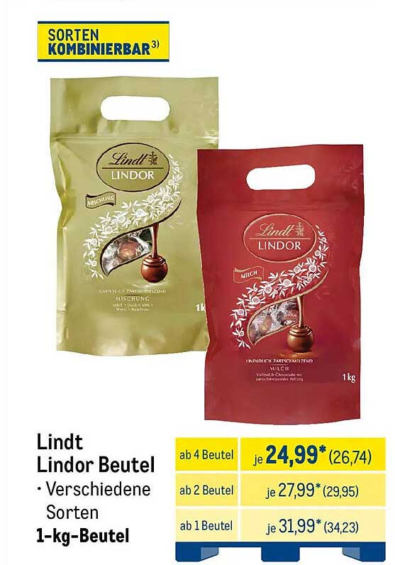 Lindt Lindor Beutel • Verschiedene Sorten 1-Kg-Beutel Angebot bei METRO ...