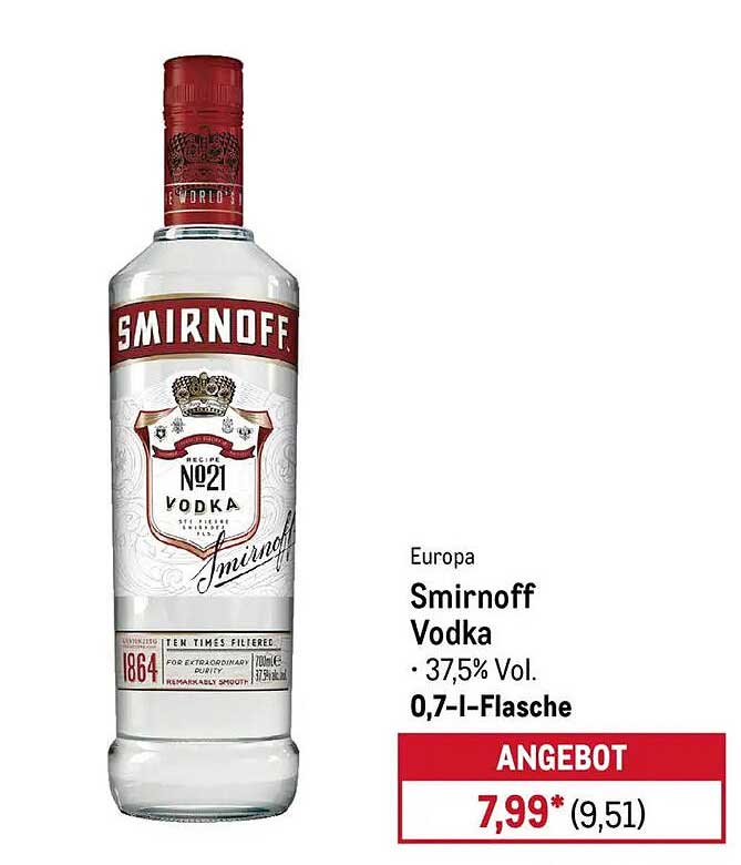 Smirnoff Vodka • 37,5% Vol. 0,7-L-Flasche Angebot bei METRO ...