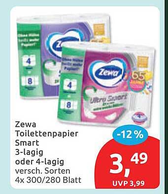 Zewa Toilettenpapier Smart 3-Lagig Oder 4-Lagig Versch. Sorten 4X 300/ ...