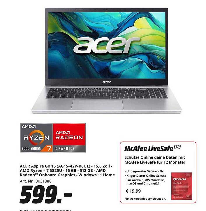 Acer Aspire Go 15 (Ag15-42P-R8Ul) - 15,6 Zoll - Amd Ryzen™ 7 5825U - 16 ...