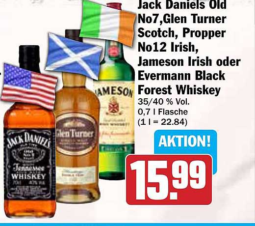 Jack Daniels Old No7, Glen Turner Scotch, Propper No12 Irish, Jameson ...