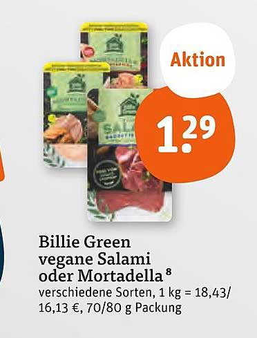 Billie Green Vegane Salami Oder Mortadella 70/80 G Packung Angebot bei ...