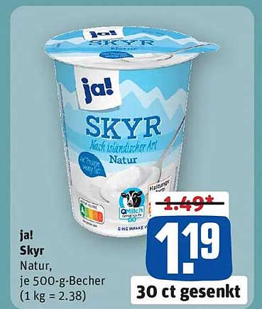 Ja! Skyr Natur, Je 500-G-Becher Angebot bei REWE Kaufpark - ProspektGuru.de