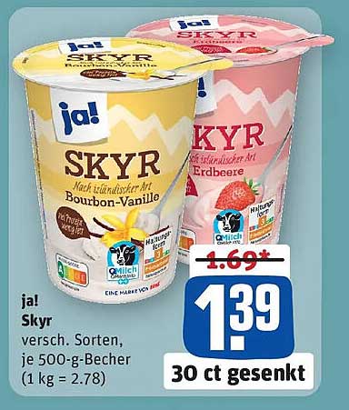 Ja! Skyr Verschiedene Sorten, Je 500-G-Becher Angebot bei REWE ...