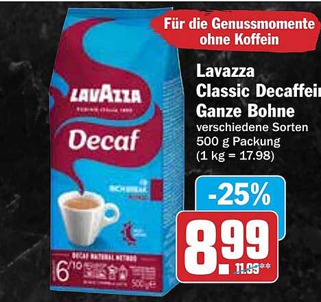 Lavazza Classic Decaffein Ganze Bohne 500 G Angebot bei Hit ...
