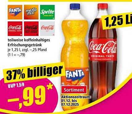 Teilweise Koffeinhaltiges Erfrischungsgetränk 1,25 L (Fanta, Mezzo Mix, Sprite, Coca-Cola ...