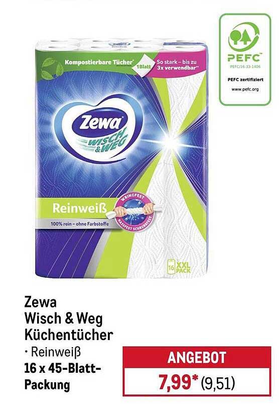 Zewa Wisch & Weg Küchentücher - Reinweiß, 16 X 45-Blatt-Packung Angebot ...