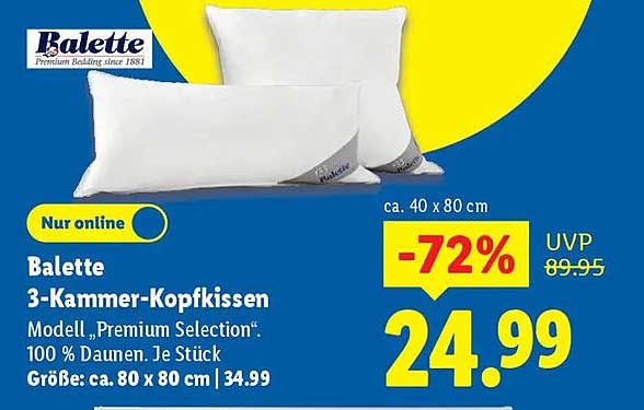 Balette 3-Kammer-Kopfkissen Modell „Premium Selection“. 100 % Daunen ...