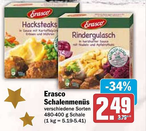 Erasco Schalenmenüs Verschiedene Sorten 480-400 G Angebot bei Hit ...