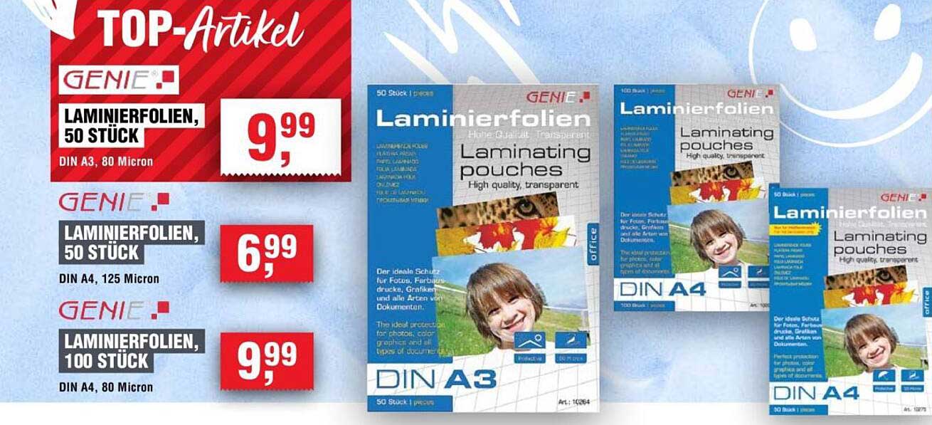 Genie® Laminierfolien, 50 Stück, Din A4, 125 Micron Angebot bei ...