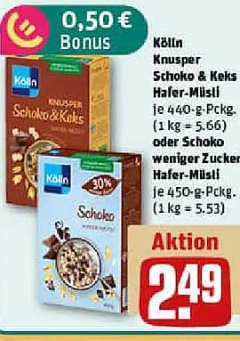 Köln Knusper Schoko & Keks Hafer-Müsli Oder Schoko Weniger Zucker Hafer-Müsli Angebot bei REWE ...