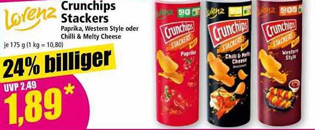 Lorenz Crunchips Stackers - Paprika, Western Style Oder Chilli & Melty ...