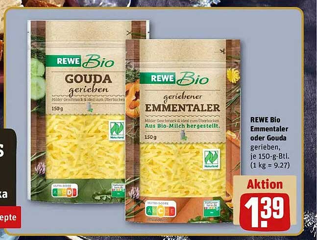 Rewe Bio Geriebener Emmentaler Oder Gouda, 150 G Angebot bei REWE ...