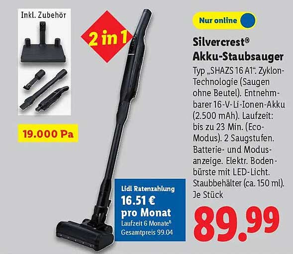 Silvercrest® Akku-Staubsauger Typ „Shazs 16 A1“ Angebot bei Lidl ...