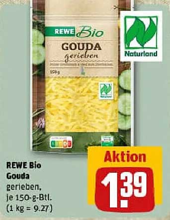 Rewe Bio Gouda Gerieben, Je 150-G-Btl. Angebot bei REWE - ProspektGuru.de