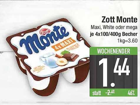 Zott Monte Maxi, White Oder Mega Je 4X100/400G Becher Angebot bei E ...