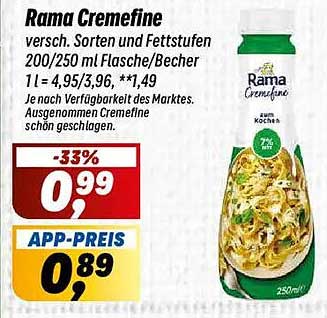 Rama Cremefine Versch. Sorten Und Fettstufen 200/250 Ml Flasche/Becher ...