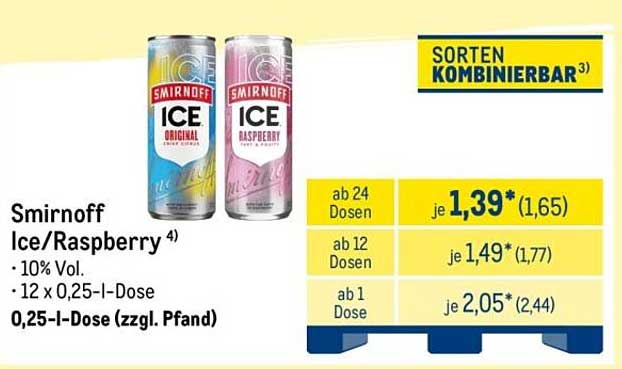 Smirnoff Ice/Raspberry 0,25L Dose Angebot bei METRO - ProspektGuru.de