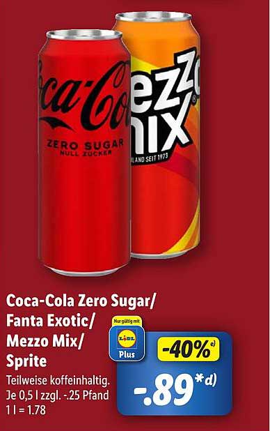 Coca-Cola Zero Sugar/Fanta Exotic/Mezzo Mix/Sprite Angebot bei Lidl
