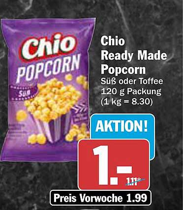 Chio Ready Made Popcorn Süß Oder Toffee 120 G Packung Angebot bei AEZ ...
