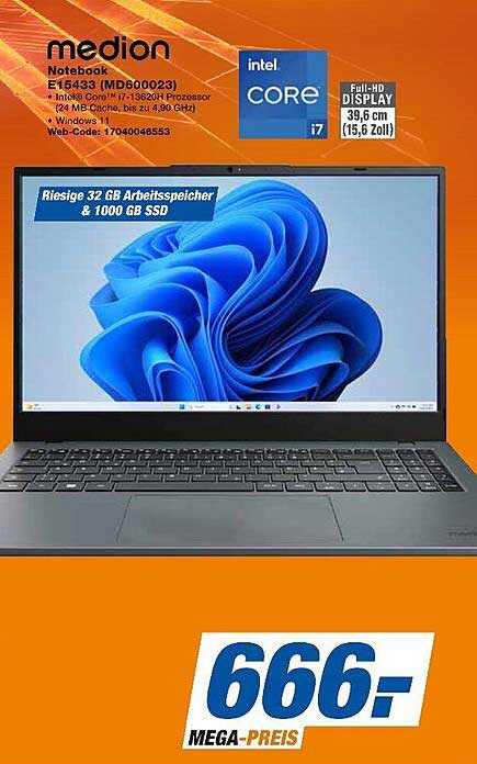 Medion Notebook E15433 (Md600023) Mit Intel Core I7 - Mega-Preis ...