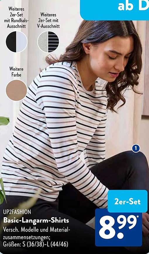 Up2Fashion Basic-Langarm-Shirts Im Praktischen 2Er-Set Angebot bei Aldi ...