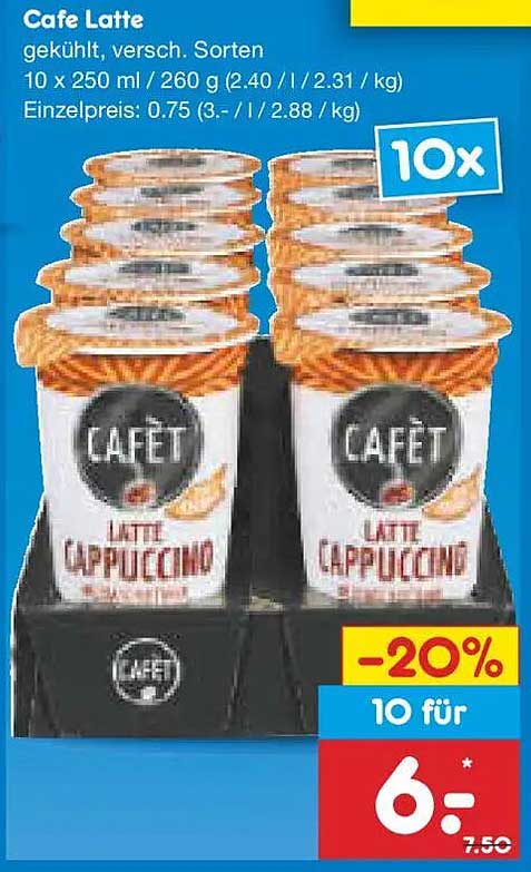 Cafe Latte, Gekühlt, Versch. Sorten 10 X 250 Ml Angebot bei Netto ...