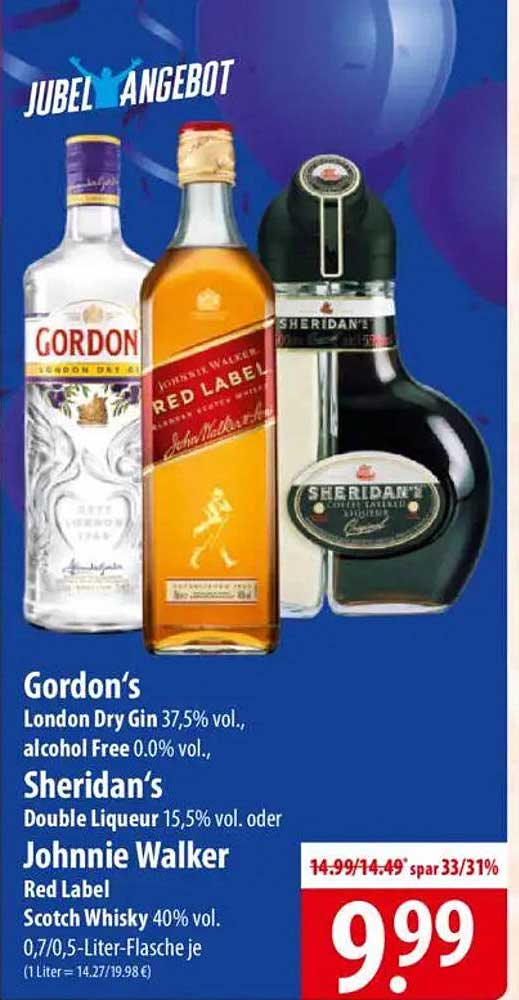 Gordon's London Dry Gin Sheridan's Double Liqueur Johnnie Walker Red ...