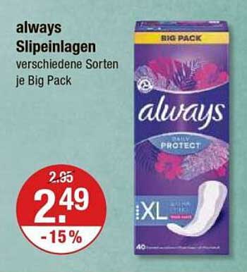 Always Slipeinlagen Verschiedene Sorten Je Big Pack Angebot bei V-Markt ...