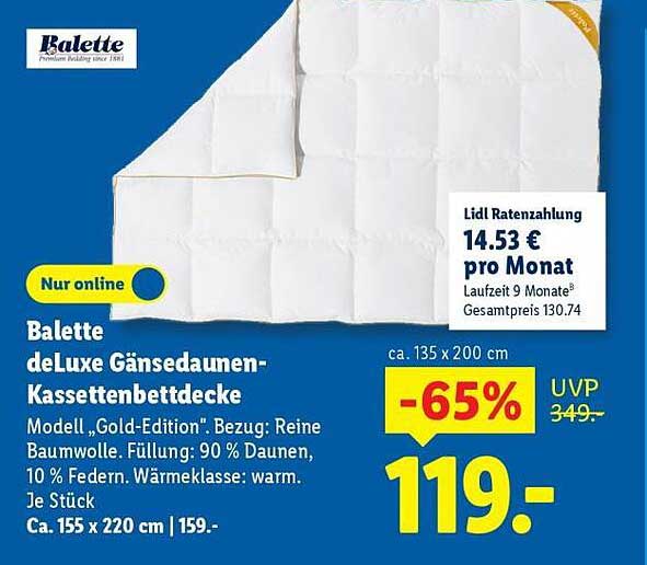Balette Deluxe Gansedaunen Kassettenbettdecke Gold Edition Warm