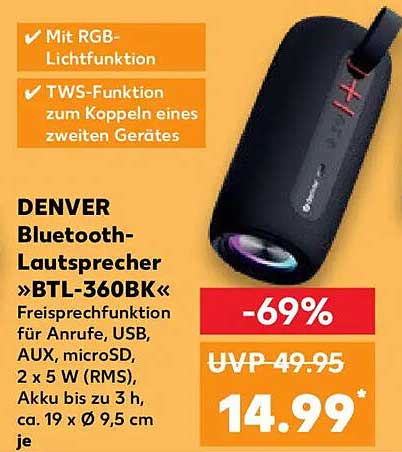 Denver Bluetooth-Lautsprecher »Btl-360Bk« Angebot bei Kaufland ...