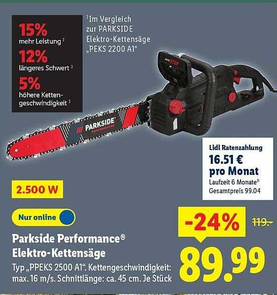 Parkside Performance® Elektro-Kettensäge Angebot bei Lidl - ProspektGuru.de