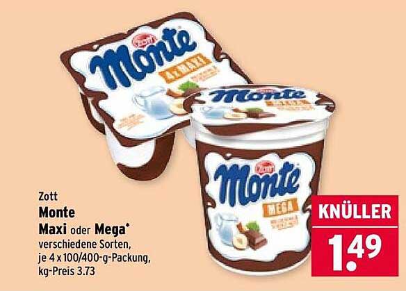 Zott Monte Schoko Maxi, White Maxi 4 X 100 G Oder Mega Monte Xxl 400 G ...
