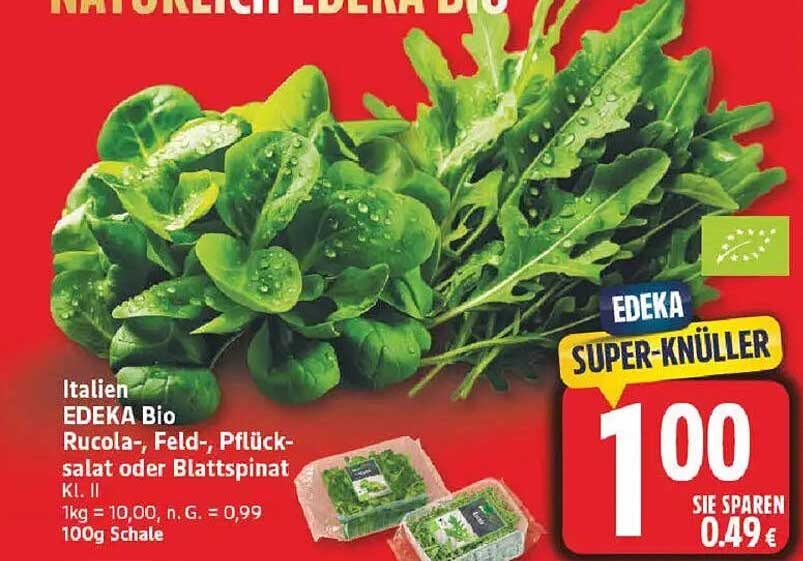 Edeka Bio Rucola-, Feld-, Pflücksalat Oder Blattspinat Kl. Ii Angebot ...