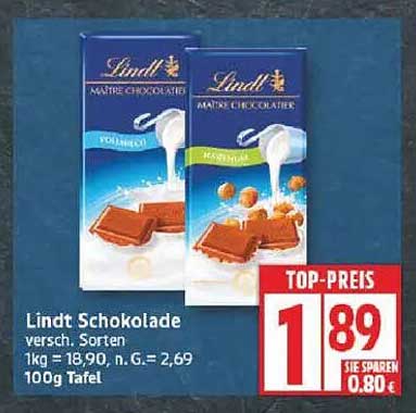 Lindt Schokolade Versch. Sorten Angebot bei Edeka - ProspektGuru.de